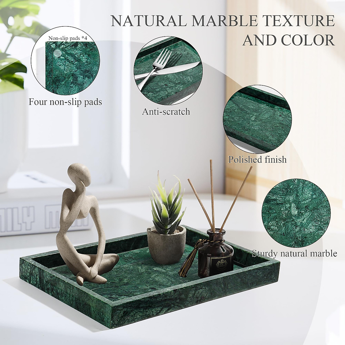 YMXYJM 100% Natural Marble Tray for Bathroom, Genuine Marble Stone Vanity Tray, Luxury Storage Trays for Kitchen, Vanity, Home Decor, Dresser, Non-Resin/Non-Ceramic, 12"x 8"x 1.2", Dark Green