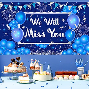 We Will Miss You Banner Party Decorations Navy Blue Silver Going Away Party Banner Supplies for Retirement Farewell Anniversary Veteran Graduation Office Job Change Work Goodbye Party Decorations
