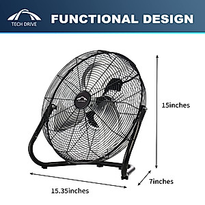 Tech Drive High Velocity Floor Fan,12 inch Heavy Duty Metal Industrial Fans,3 Powerful Speed,360° Adjustable Tilting and All Metal Construction, Black