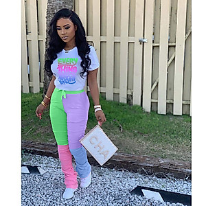 Remelon Casual 2 Piece Outfit Sets for Women Color Block Short Sleeve T-Shirts + Stacked Flare Pants Tracksuit Sweatsuit