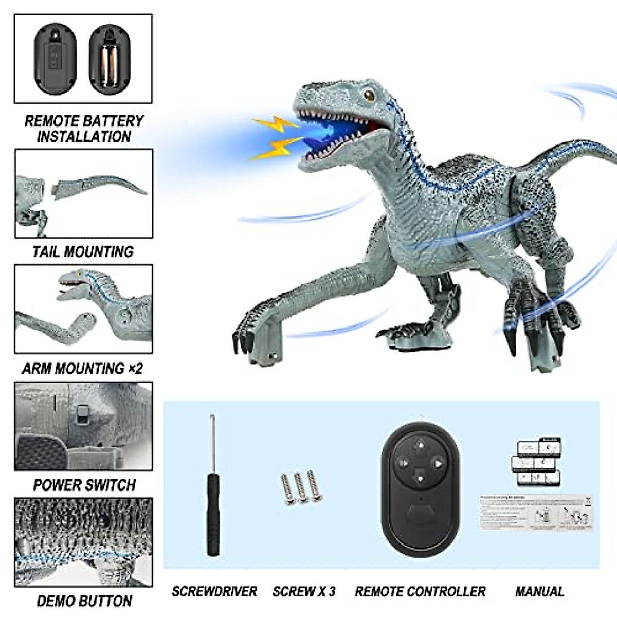 GAROERFA Remote Control Dinosaur Toys for Kids Boys 3 4 5 6 7,RC Walking Velociraptor，3D Eyes & Roaring Sounds, All in One:1 Big and 3 Small Dinosaurs