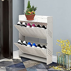 2 Layer Shoe Storage Cabinet with Doors White Modern Shoe Rack Small Shoe Cabinet for Entryway Show Rack Entryway Shoe Storage Practical Free Standing Shoe Racks (2 Tier, 25.98"x6.69"x31.88")