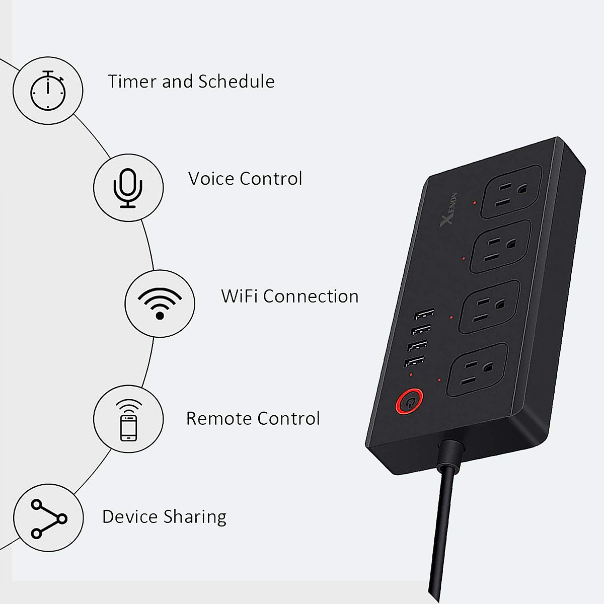 Xenon Smart Power Strip,WiFi Smart Multi Outlet Surge with 4-Outlet 4-USB with 5-Foot Cord, Work with Alexa and Google Home,Black