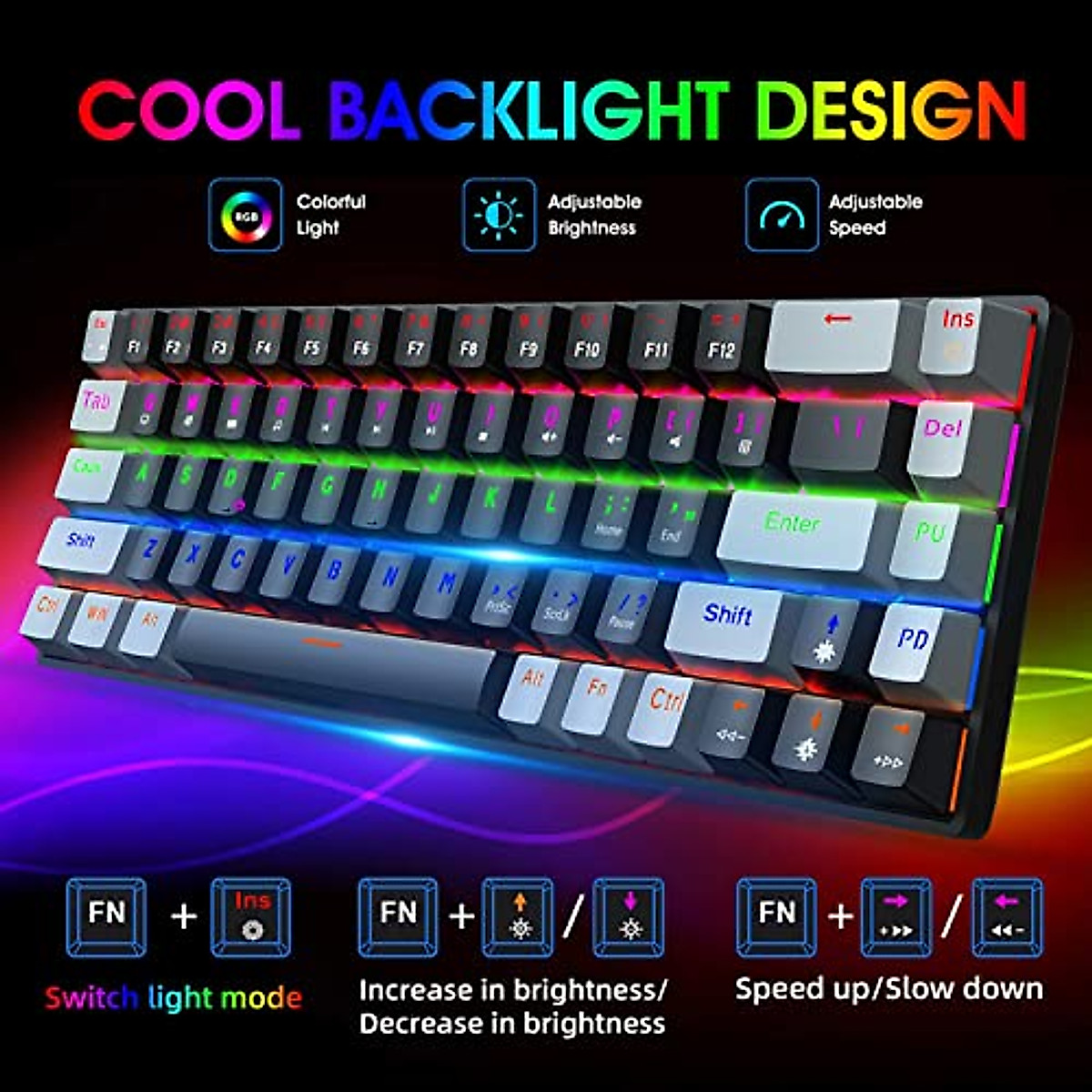 Mechanical Keyboard,68‑Key RGB Backlit Gaming Mechanical Keyboard,Support 20 Kinds of Super Dazzling Led Light Effects,Plug and Play,for General Desktop and Notebook Computers(Black (Green Shaft))