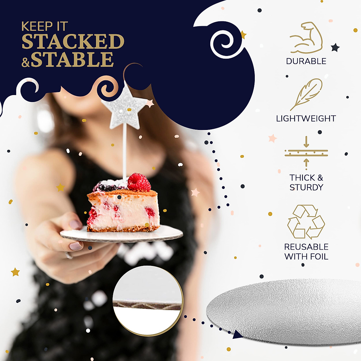 FromJennWithLove Cake Cardboard Rounds - Includes 8", 10", 12" Cake Boards with 12" x 0.25" Bamboo Dowels, Tier Cake Stacking Kit, Cake Dowels for Tiered Cakes, Cake Decorating Supplies