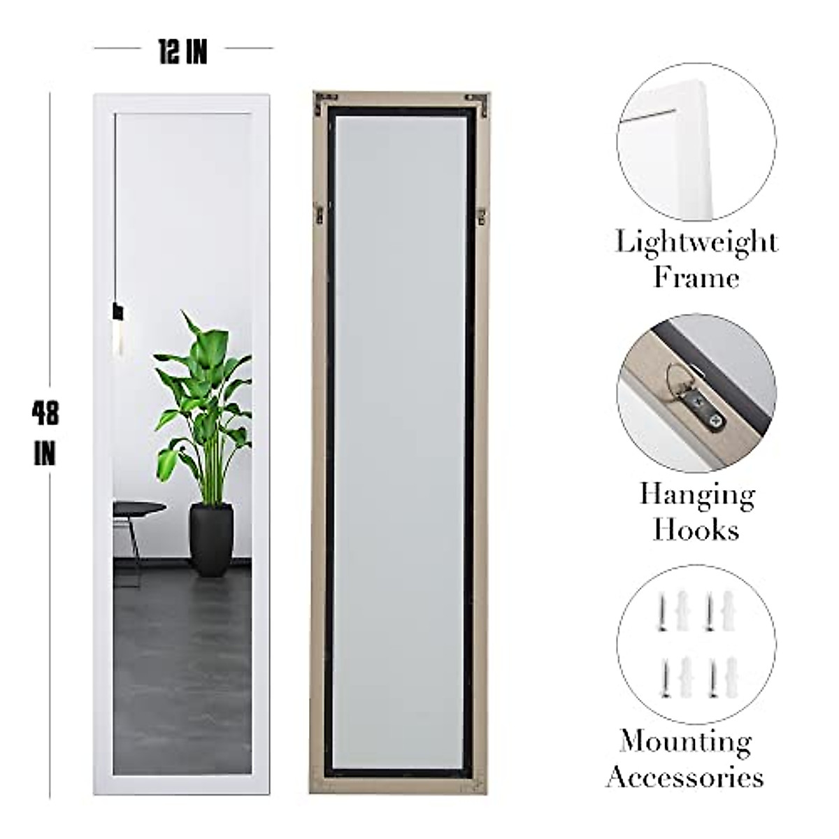 Beauty4U Full Length Mirror Wall Mounted, Full Body Mirror for Bedroom, Tall Dressing Mirror, Wall Mirror for Living Room, Dorm, Long Hanging Mirror,48" X 12"