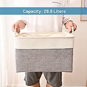 HOdo Home Fabric Storage Bin with Drawstring Closure and 2 Bold Handles, Collapsible Large Canvas Storage Baskets for Organizing Shelf Nursery Home Closet (White&Grey, 15.8L×11.8W×9.5H - 3Pack)