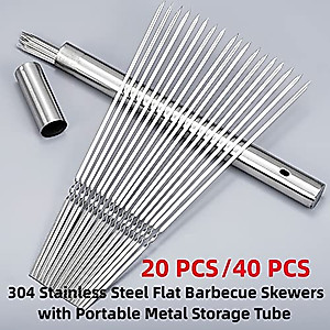 WILLBBQ 304 Stainless Steel Flat Barbecue Skewers,20PCS/40PCS BBQ Kebab Skewers with Portable Metal Storage Tube,Reusable for Grilling Barbecue Kitchen Party and Outdoor Cooking (20)