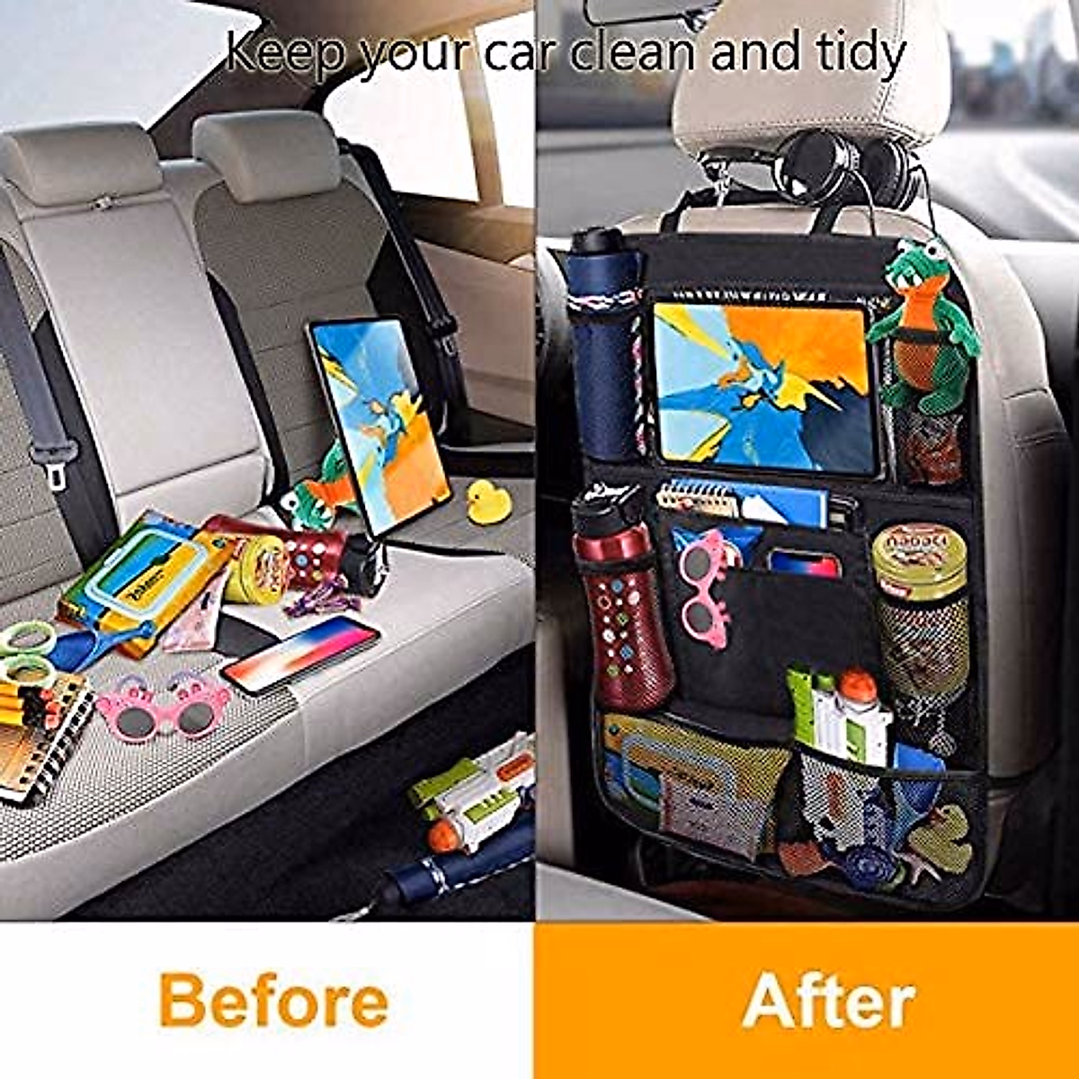 FEimaX Car Backseat Organizer Waterproof Kids Seat Back Kick Mat Protector with Touch Screen iPad Tablet Holder & 9 Storage Pockets Car Organizers for Family Trip Toy Bottle Snacks Books