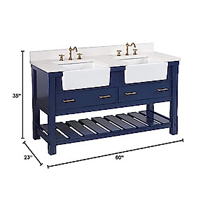 Kitchen Bath Collection Charlotte 60-inch Double Bathroom Vanity (Quartz/Royal Blue): Includes Royal Blue Cabinet with Stunning Quartz Countertop and White Ceramic Farmhouse Apron Sinks