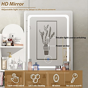 FUFU&GAGA Vanity Set with Rectangular Mirror, Makeup Vanity Dressing Table with 5 Drawers, Shelves, Dresser Desk and Cushioned Stool Set (B White/Lighted Mirror)