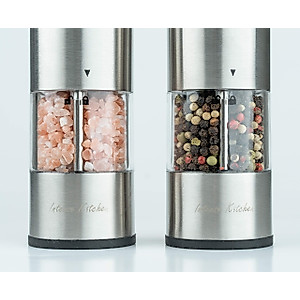 Electric Salt and Pepper Grinder Set by Intense Kitchen - Battery Operated Stainless Steel with Light & Clear Container Mills (2)- Adjustable Ceramic Coarseness - Fast Powerful Mill - One Hand Shakers