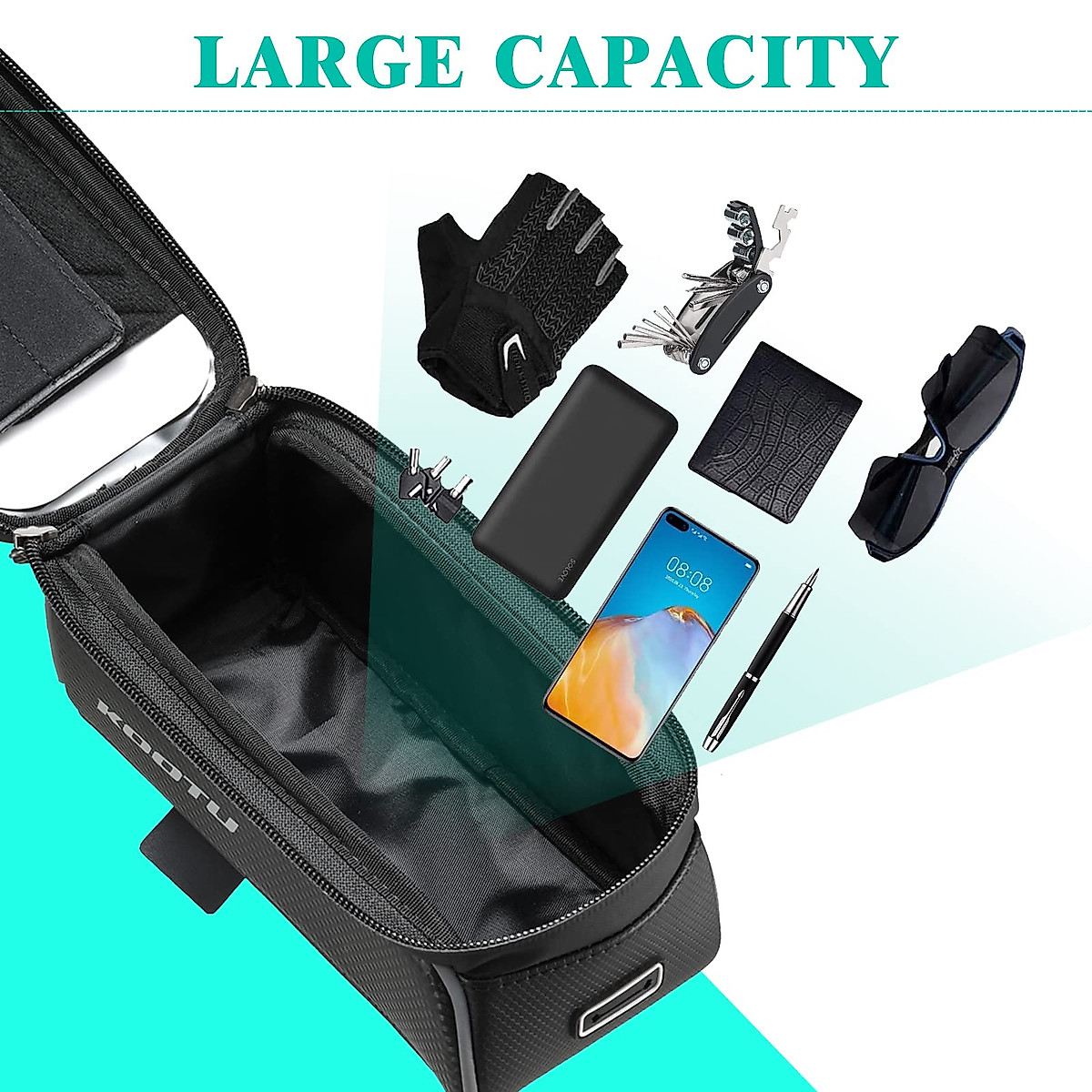 KOOTU Top Tube Front Storage Case,Bike Cell Phone Holder Pouch Bag with TPU Touch-Screen and Sun-Visor,Waterproof Bike Phone Mount for Smartphone Under 6.5"