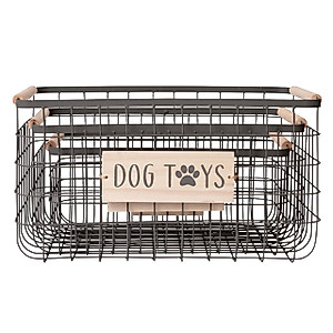 RGI Home Dog Toy Storage Baskets – Set of 3 Rectangular Metal Organizer Bins for Pet and Household Storage, Multi-Sized with Wood Accents, Durable and Rustic, Antique Gray Metal