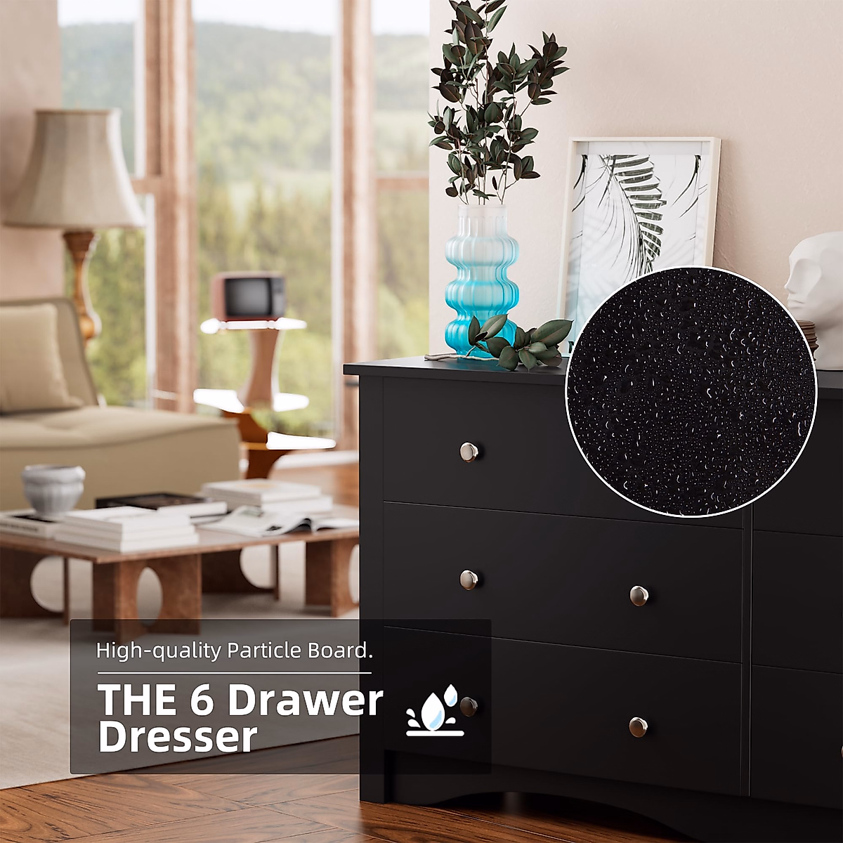 Flamaker 6 Drawer Dresser Chests for Bedroom, Storage Dressers Organizer with Anti-Tilt Devices, Modern Wide Wood Chest of Drawers for Living Room Hallway Entryway (Black)