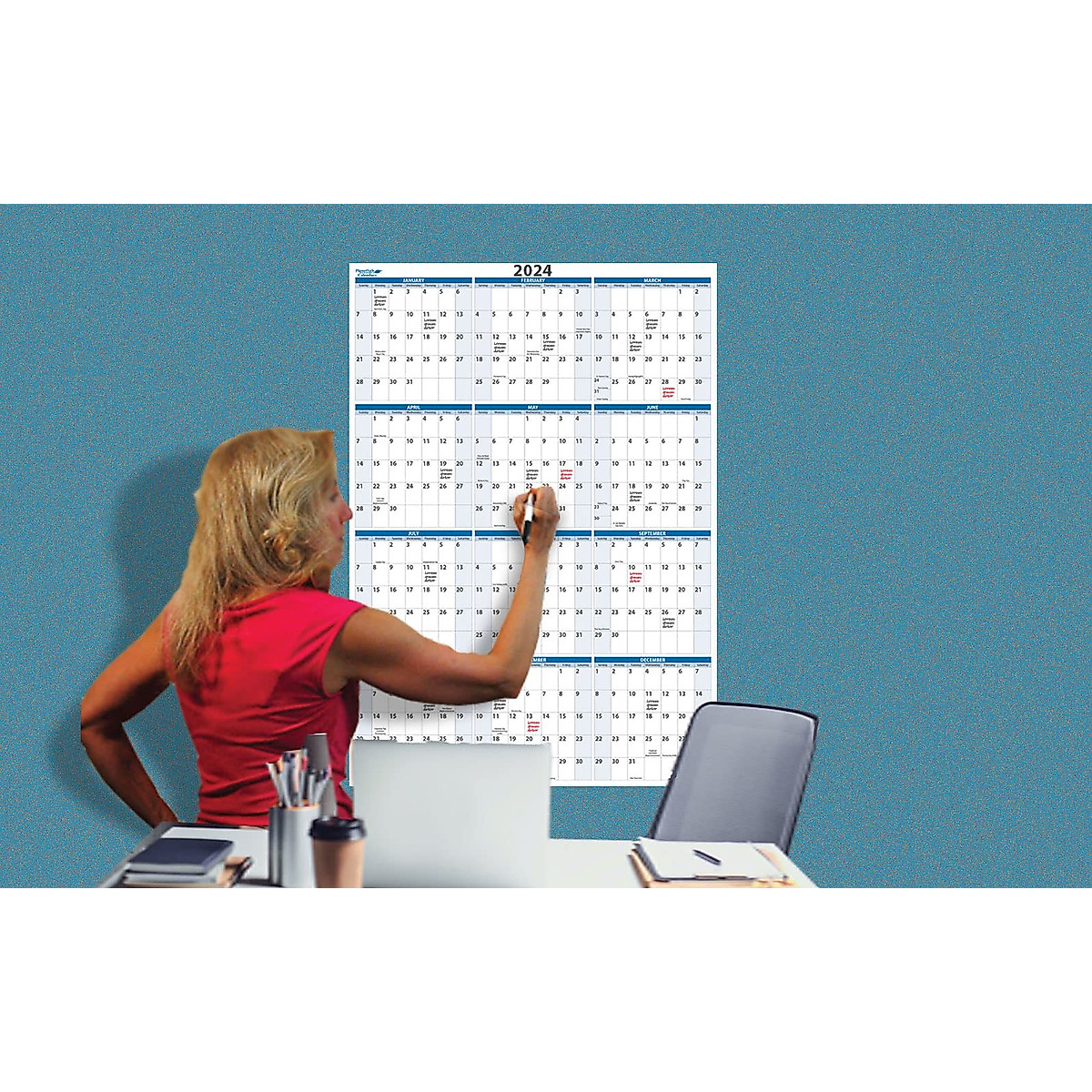 PlanetSafe Calendars 2024 Annual 12-Month Vertical Sky Blue Wet & Dry-Erasable Wall Calendar - Yearly Planner - Large Wall Calendars - Great for Home, Office, and Classroom - 48" tall x 32" wide BN