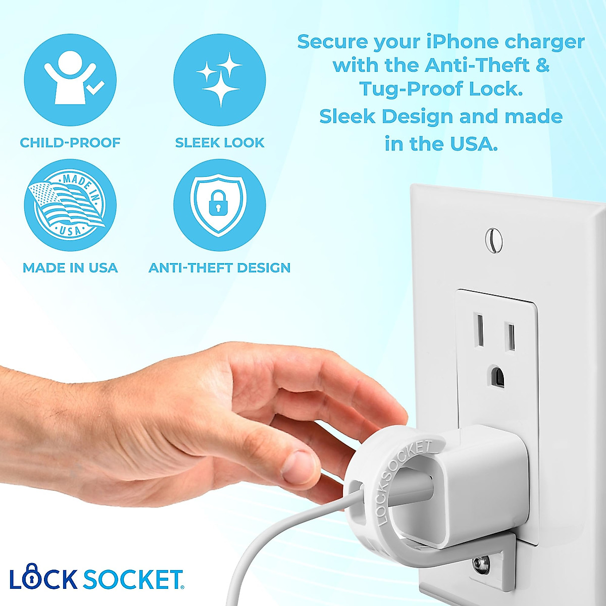 LOCK SOCKET Charger Lock - Anti Theft Cord & Outlet Lock, Firmly Secures Phone Chargers from Unplugging, for USB Charging Cube for iPhone, Includes Security Screw & Allen Wrench. 2 Pack