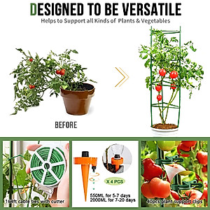 Megidok Tomato Cages - Garden Plant Stakes Support (4 Pack 49"/3 Pack 67") with 164ft Plant Ties&40Pcs Plant Clips&4 Watering Drip Devices for Climbing Plants Vegetable