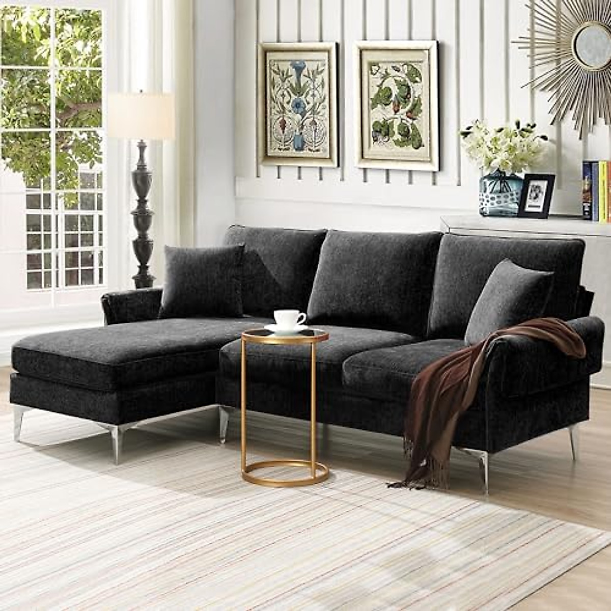 84" Convertible Sectional Couches for Living Room Sets, Chenille L Shaped Modular Couch with Reversible Lounge, L Shape Couch with Reversible Chaise, 4 Seat Sectional Sofa for Living Room Set, Black