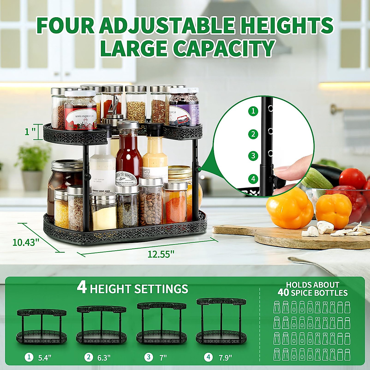 Spice Rack Lazy Susan Organizer - 2 Tier Rotating Spice Spinner for Cabinet with 4 Height Settings & Non-Slip Pad Kitchen Turntable Organization for Bathroom Pantry Countertop & Storage - Black Metal