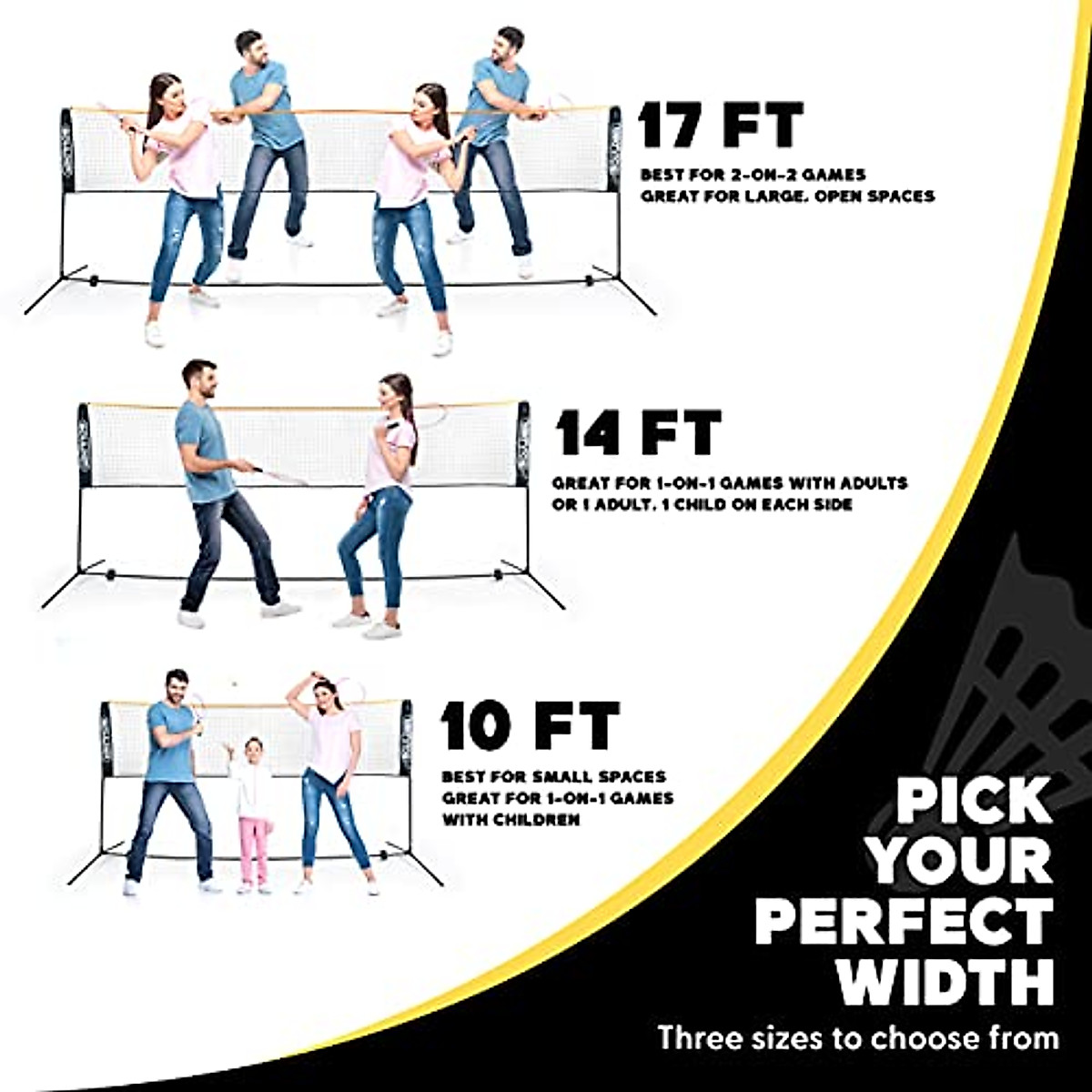 Boulder Badminton Pickleball Net - Height Adjustable Portable Net for Junior Tennis, Kids Volleyball & Soccer, and Backyard Games - Easy Setup Nylon Sports Net with Poles 10 ft/14ft/17ft Wide