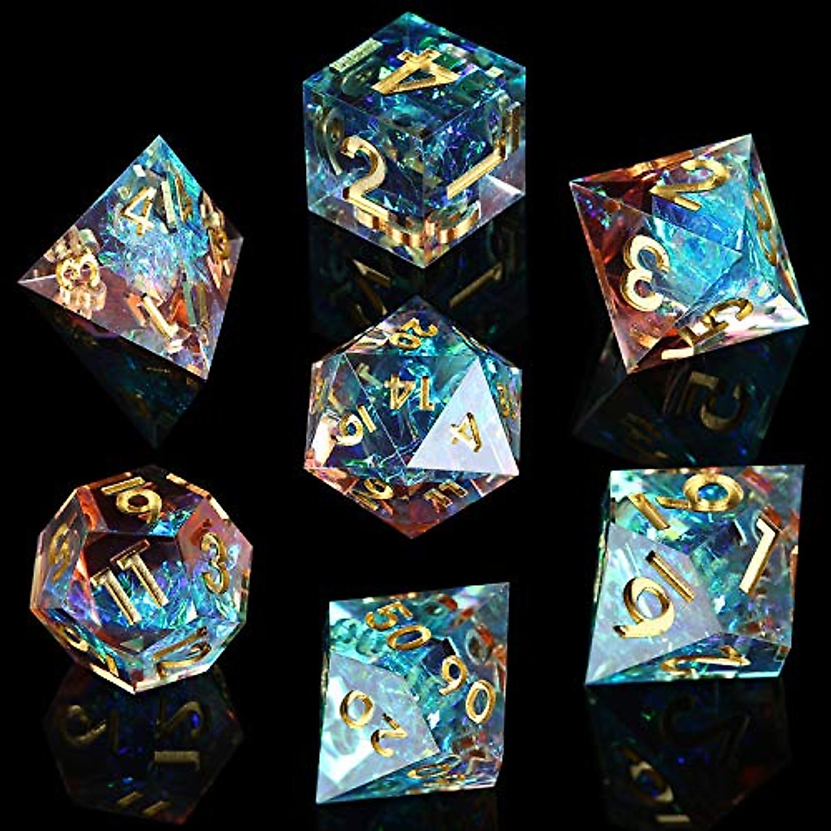 AUSPDICE DND Dice Set Handmade 7Pcs Sharp Edge Dice for Dungeons and Dragons TTRPG Games(Mix Blue&Brown Color)