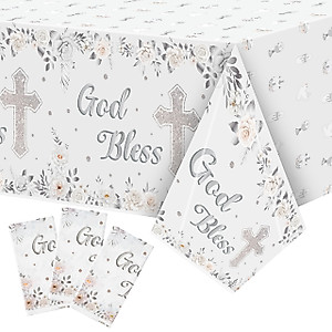 BkeeCten 3 Packs White Gold Baby Baptism Party Tablecloths Decoration Silver Color Flower Cross Dosposable Plastic Waterproof Rectangle Table Cover God Bless Tablecloth for Baby First Communion Party