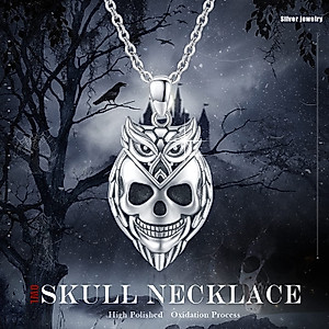 Skull Owl Necklace 925 Sterling Silver Skull Owl Pendant Necklace Christmas/Valentine's Day/Mother's Day Jewelry Gifts for Women Mom Daughter Wife friend