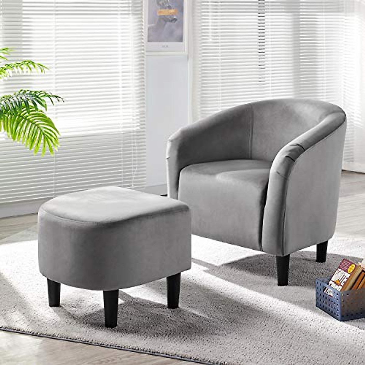 Yaheetech Accent Chair with Ottoman Foot Rest, Mid Century Modern Upholstered Soft Barrel Chair, Comfy Fabric Armchair and Footrest Set for Living Room/Bedroom/Reading Room, Gray