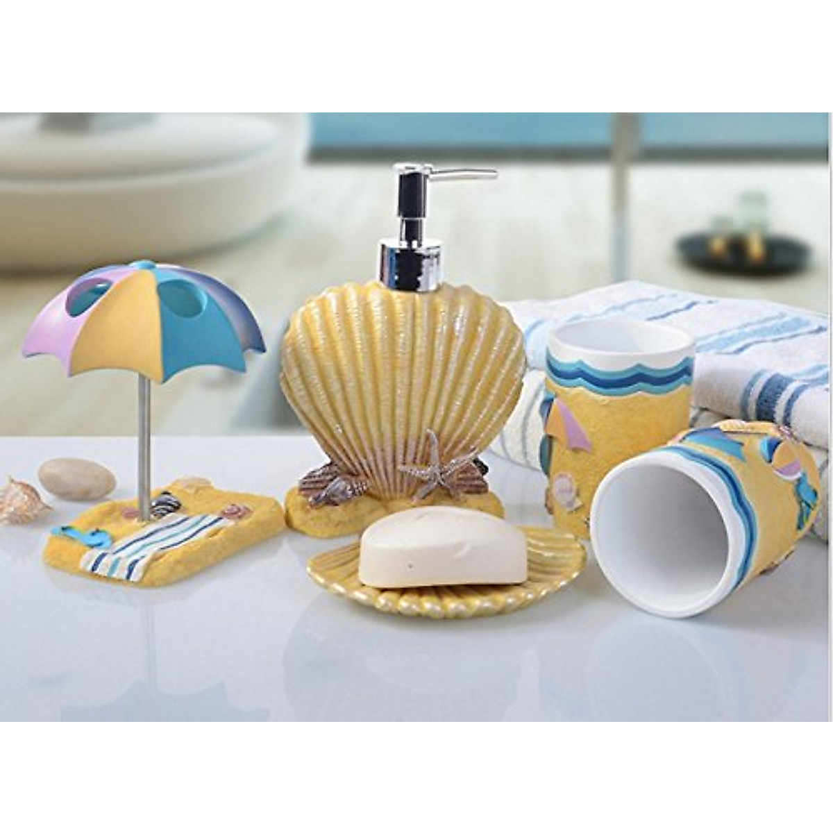 Yiyida Creative Resin Bathroom Set 5pcs in Sea Beach Style Tumbler Soap Dish Soap Dispenser Toothbrush Holder