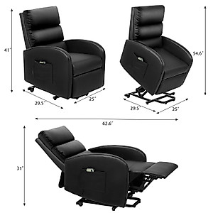 Pawnova Huge Thick Padded Seat Electric Power Lift Safety Device and Massage Function, PU Leather Living Room Single Sofa, Home Leisure Recliner Chair for Elderly People, 29.50"x 25.00"x 25.00", Black