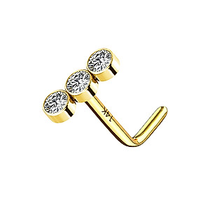 MeIighting 14K Gold Nose Stud L Shaped Nose Ring 20G with Round Cubic Zirconia Nose Piercing Jewelry for Women Men Real Gold