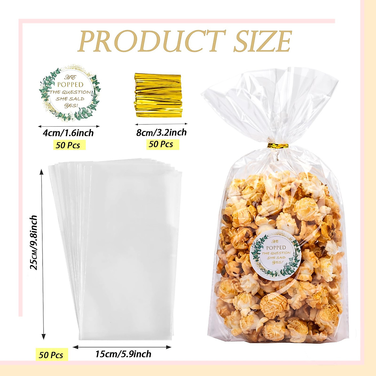 50 Sets He Popped the Question Popcorn Bags Engagement Party Favors She Said Yes Sticker with Cellophane Treat Bags Engagement Party Bridal Shower Wedding Goody Snack Treat Bags Grease Resistant