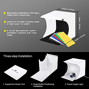 Mini Photo Studio Tent Jewelry Light Box Kit, SENLIXIN Portable Foldable Small Home Photography Studio Light Box Booth Shooting Tent with LED Light Strips - with 6 Color Background (20x20x20cm)