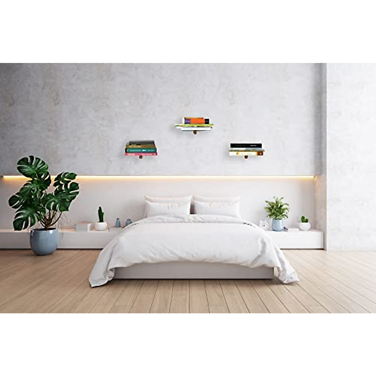 Decorative Invisible Floating Bookshelf with Wooden Rod, Wall Mounted Metal Book Organizer Shelf, for Home, Office, Library, Study, Livingroom, Bedroom, Set of 3 Walnut.