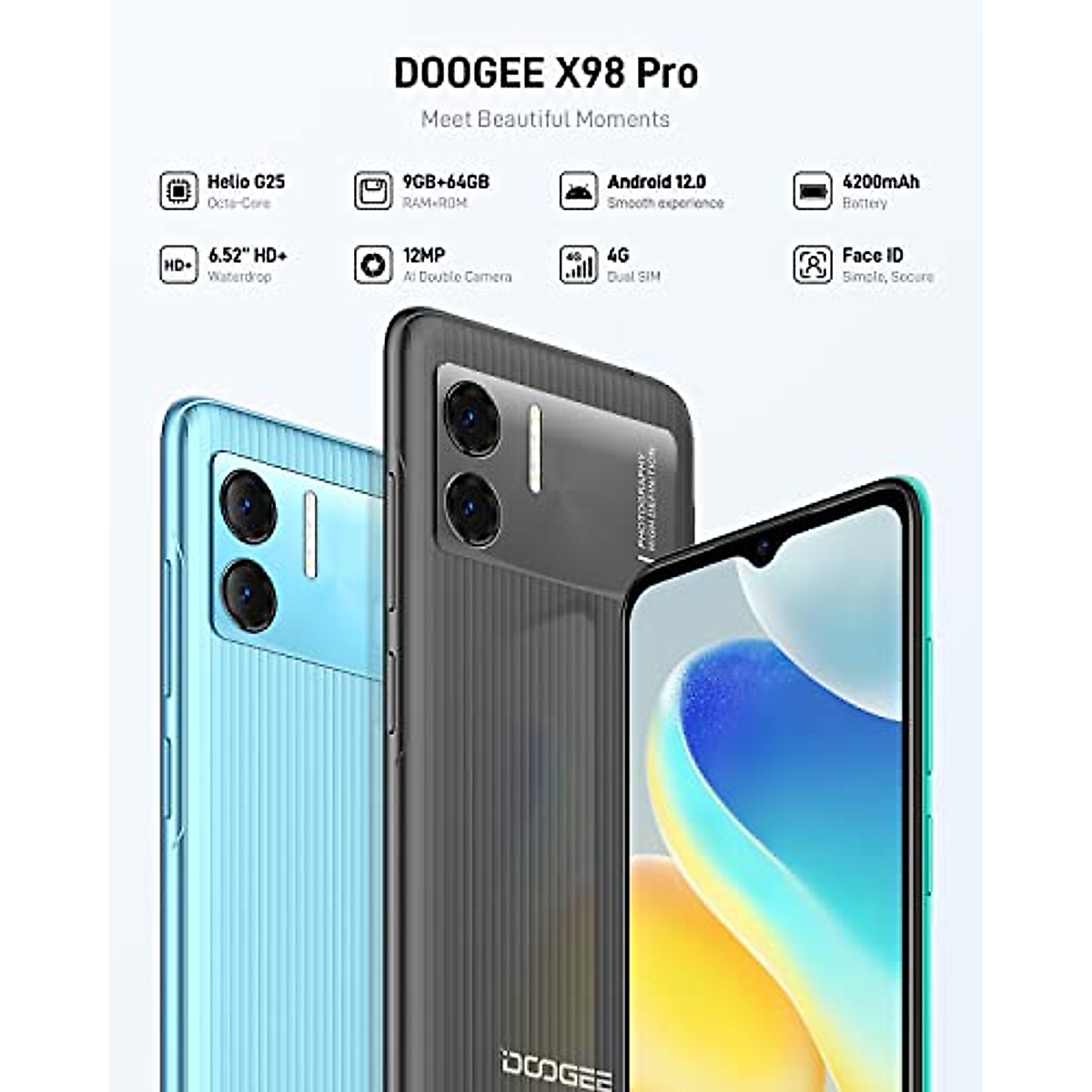 DOOGEE Unlocked Android Phone 2023, X98 PRO 9GB+64GB Android 12 Cell Phones, Helio G25 Octa Core, Dual 4G Phones Unlocked, 6.5" FHD+ Display Smartphone, 4200mAh, Face ID, T-Mobile, US Version