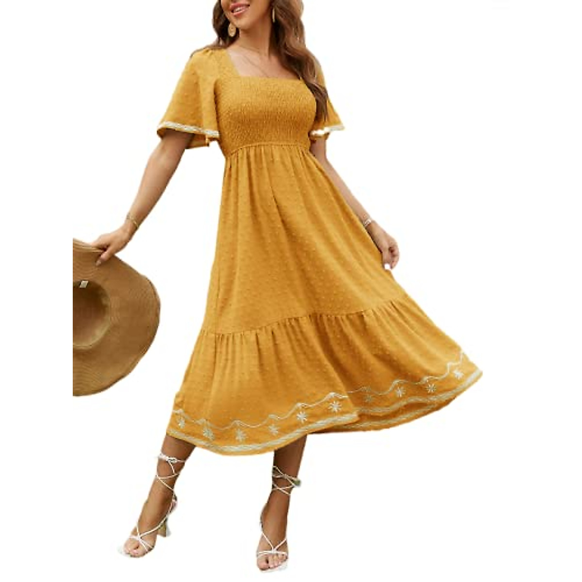 Glamaker Women's Short Sleeve Smocked Square Neck A Line Summer Flowy Midi Dress