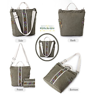 Worldlyda Women Canvas Tote Purse Large Retro Shoulder Bag Casual Crossbody Hobo Top Handle Handbags with Embroidery Ethnic(Oliver Green)