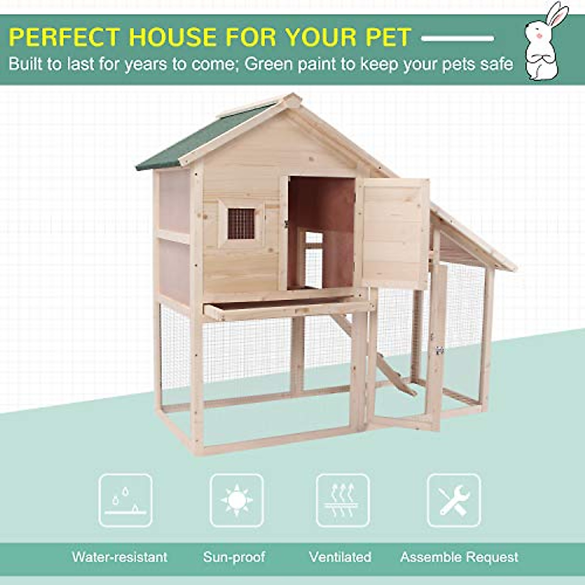 PawHut 55" L 2-Tier Wooden Rabbit Hutch Bunny Cage Small Animal House with Ramp, Waterproof Roof, Removable Tray and Outdoor Run
