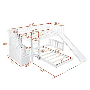 Bunk Beds with Slide Twin Over Twin Low Bunk Bed Frame with Storage Drawers Stairway Wood Bunk Bed for Kids Boys Girls, White