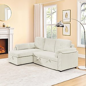 LUMISOL 90" Convertible Sectional Sofa with Pull Out Bed, L-Shaped Sleeper Sofa Bed with Storage Chaise, Modern Corduroy Sectional Sofa Couch for Living Room, Small Apartment, Beige