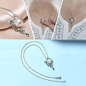 HXZZ Fine Jewelry Gifts for Women 925 Sterling Silver Freshwater Cultured White Pearl Pendant Necklace Green Hope