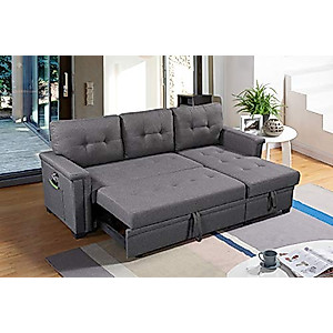 ERYE L-Shaped Corner Sleeper Sectional Couch Bed Linen Upholstery Sofa w/Reversible Storage Chaise,USB Charging Ports and Side Pocket for Home Apartment Office Living Room Furniture Sets, Dark Gray