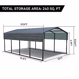 Outvita Carport 12x20FT Heavy Duty Outdoor Carport Canopy, Full-Size Metal Carport Kit with Galvanized Steel Roof, Garage Shelter for Cars Boats Pickup Truck Events Party