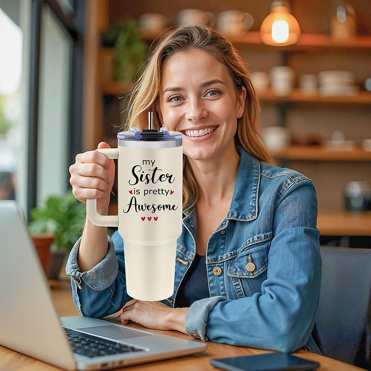 Vprontse Sister Birthday Gifts - My Sister is Awesome Tumbler with Handle - 40oz Stainless Steel Travel Mug Insulated Coffee Cup, Sisters Gifts for Women Birthday, Mothers Day, Christmas