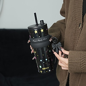 SDGA+ 24 oz Stainless Steel tumbler with Lid and Straw Leak Proof, Cute Travel Coffee Mug for Hot and Cold, Insulated Thermal Water Bottle Resuable Cute Portable Cup for Women, Blcak Star