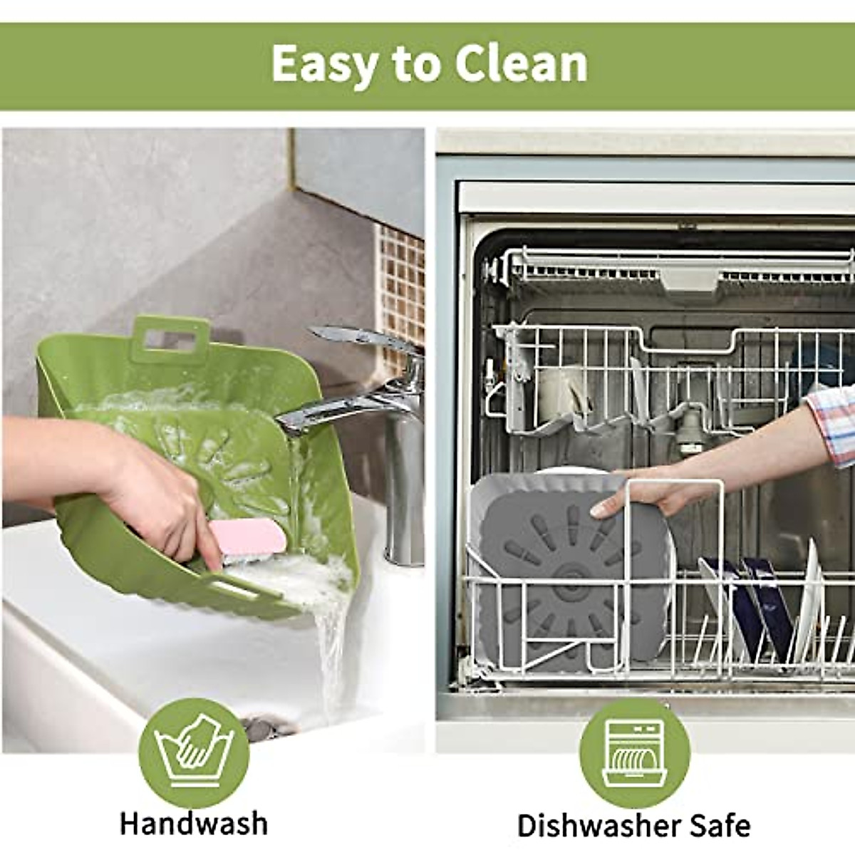 2-Pack OUTXE 9 inch Square Silicone Air Fryer Liners for 6QT to 9QT Reusable Large Air Fryer Insert Silicone Air Fryer Cover Easy Cleaning for Oven Accessories (Green+Grey)