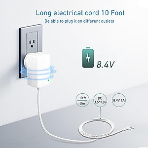 Rollerhouse 8.4V 1A Li-ion Battery Charger Power Adapter for 7.2V,7.4V 8.4V Device, with LED Indicator 3.5x1.35mm Male Plug Connector, L=118", White