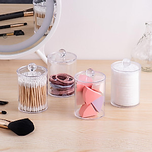 XIPENGKEJI 4 Pack Qtip Holder, Apothecary Jars Cotton Ball Holder Dispenser, Bathroom Jars with Lids Set for Cotton Round, Cotton Swab, 10oz Plastic Canisters Restroom Bedroom Vanity Organizer (Clear)