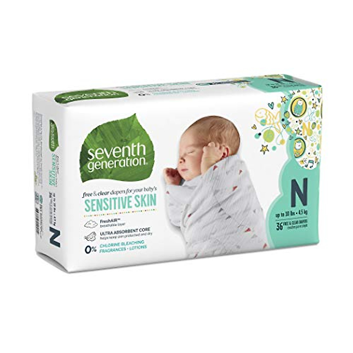 Seventh Generation Baby Diapers for Sensitive Skin, Animal Prints, Size 0 Newborn, 36 count